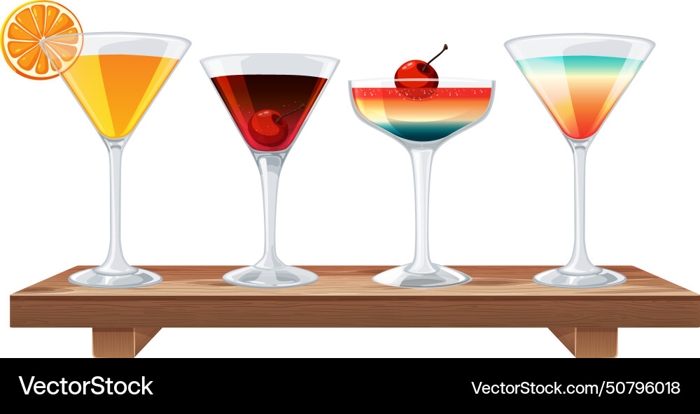 Assorted cocktails in elegant glasses on display Vector Image