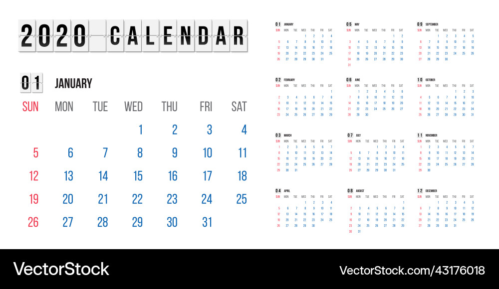 Calendar for 2020 year Royalty Free Vector Image