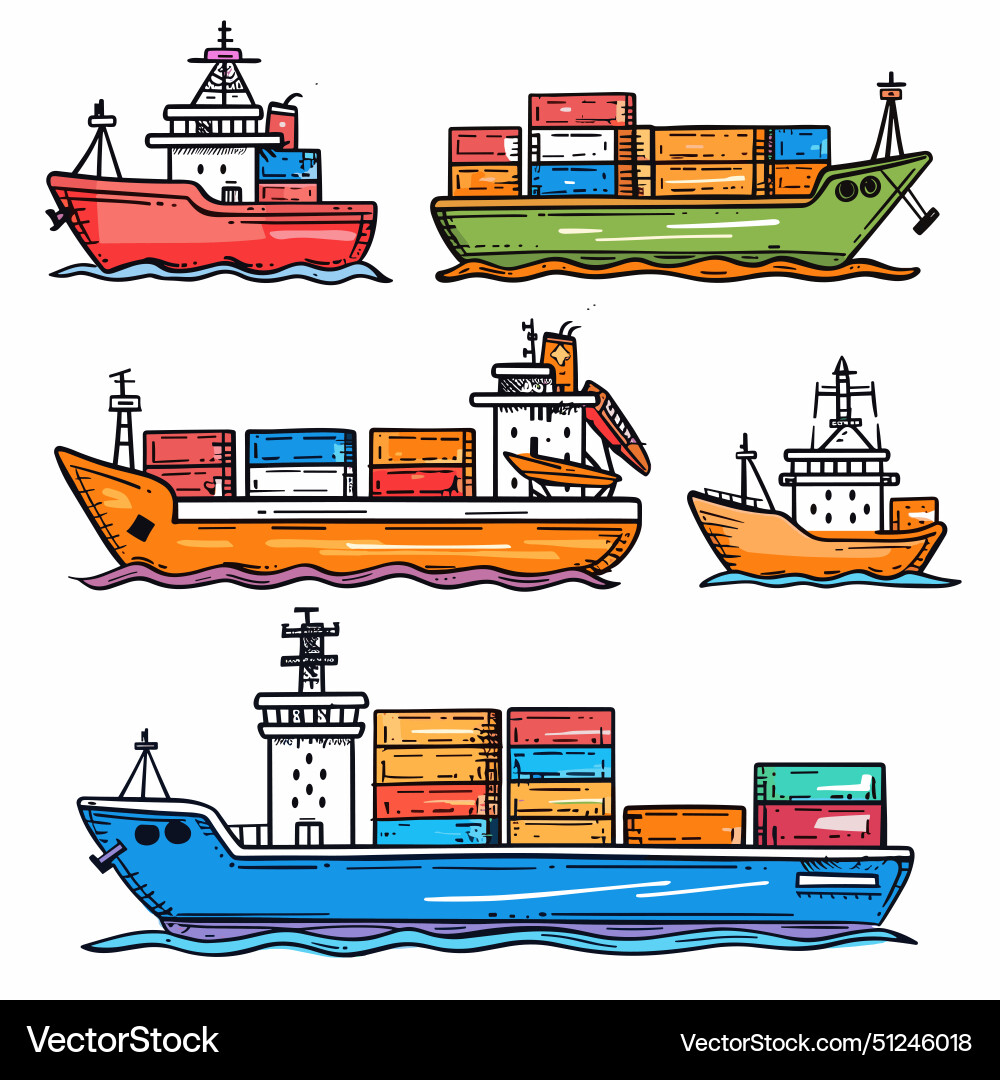 Four colorful cargo ships containers handdrawn Vector Image