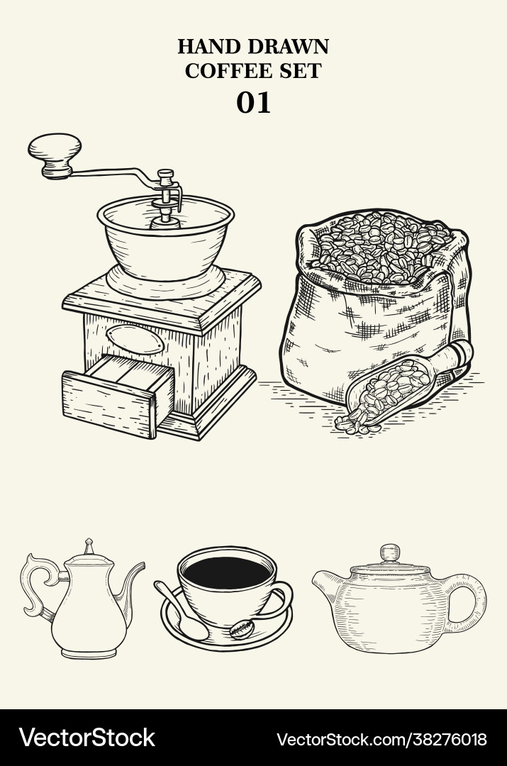 Hand drawn coffee set 01 Royalty Free Vector Image