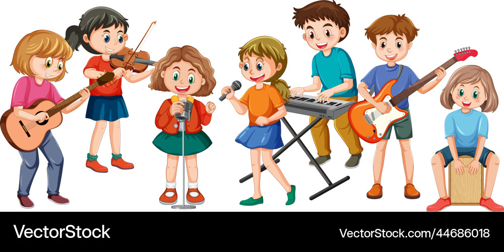 Happy kids playing musical instruments Royalty Free Vector