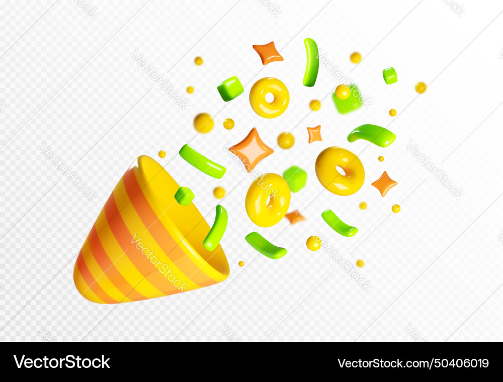 Yellow plastic party popper with flying confetti Vector Image