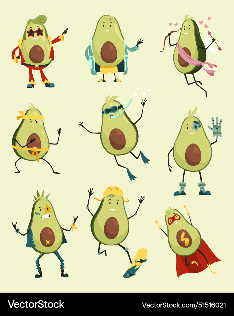Avocado character with happy emotions icon set Vector Image