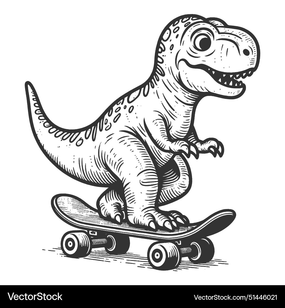 Cartoon dinosaur riding skateboard sketch Vector Image
