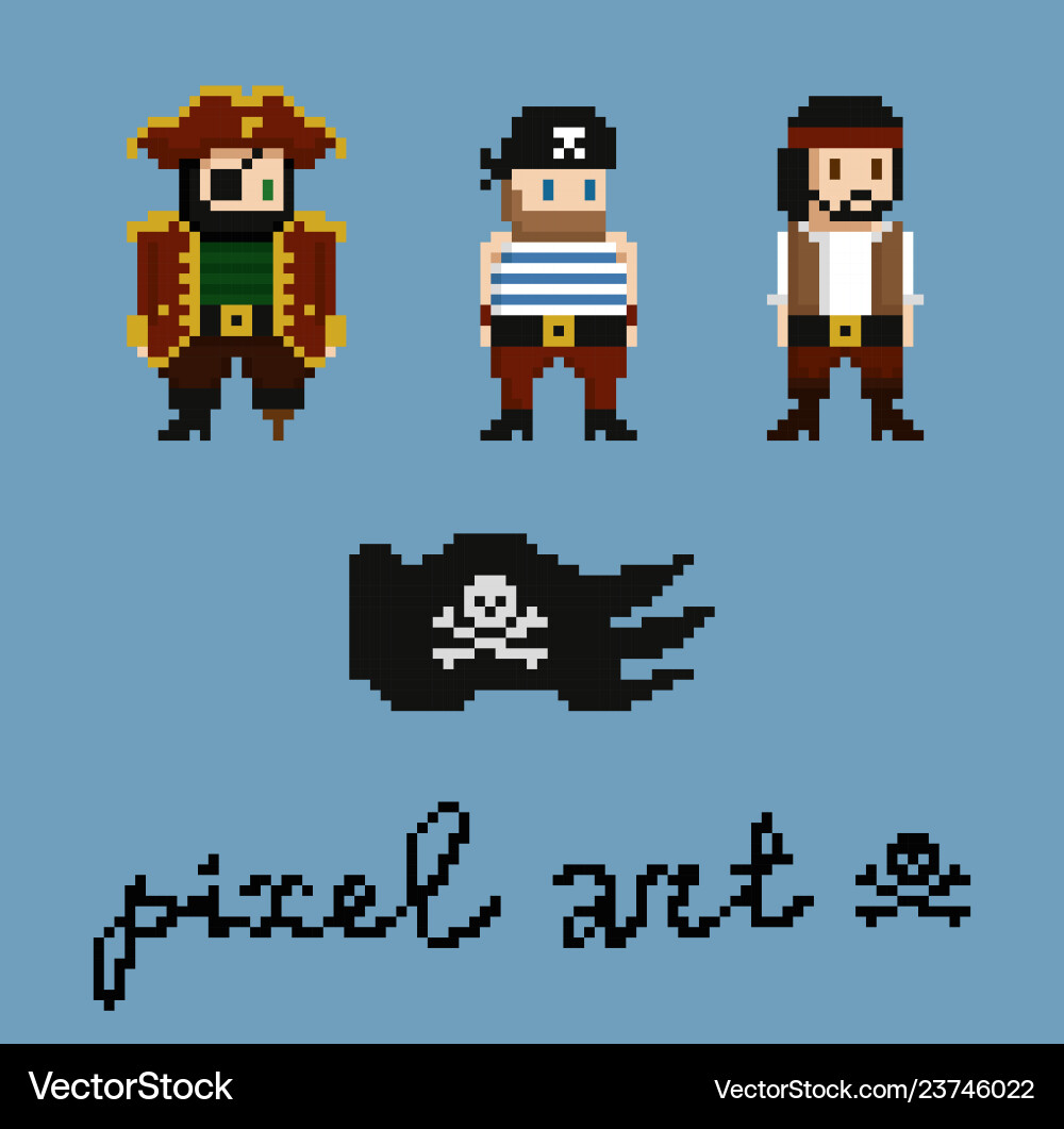 Pixel art characters set pirate crew members Vector Image