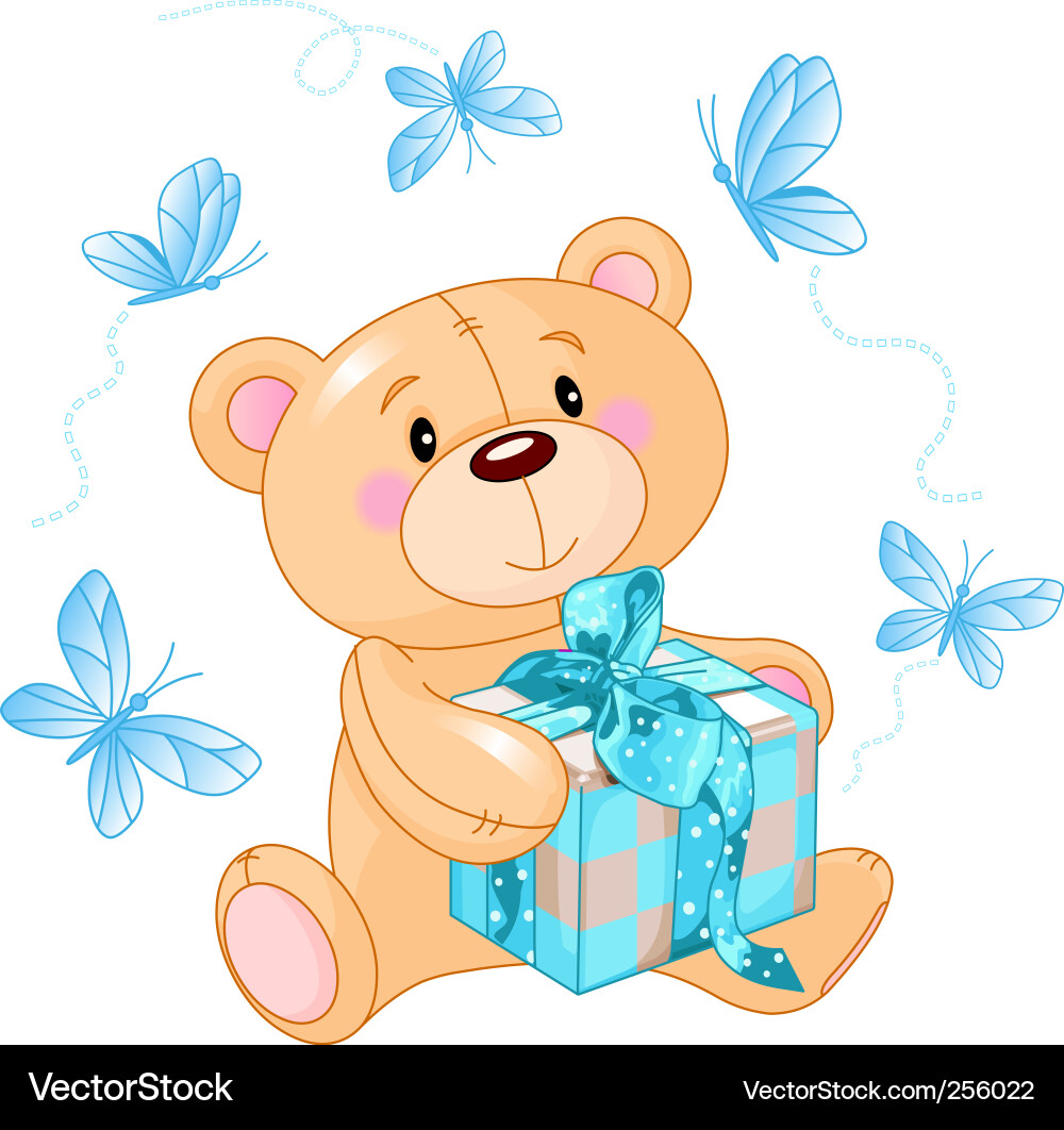 Teddy bear with blue gift Royalty Free Vector Image