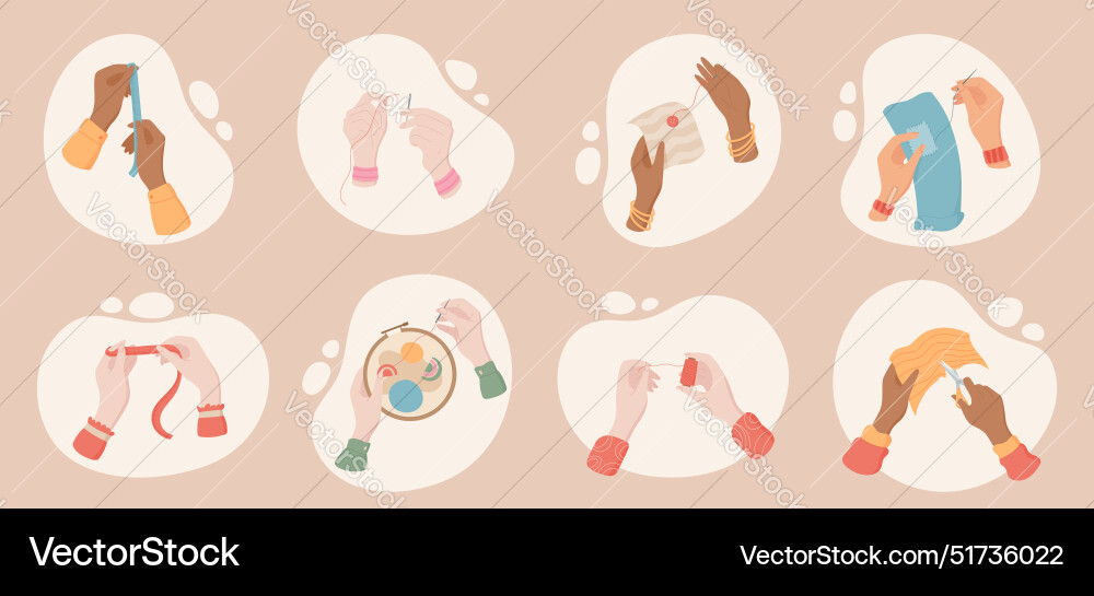 Various hands sewing with needle and thread kit Vector Image