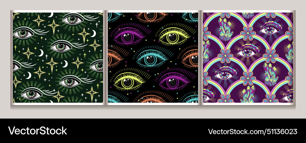 Set of patterns with third eye stars crescent Vector Image
