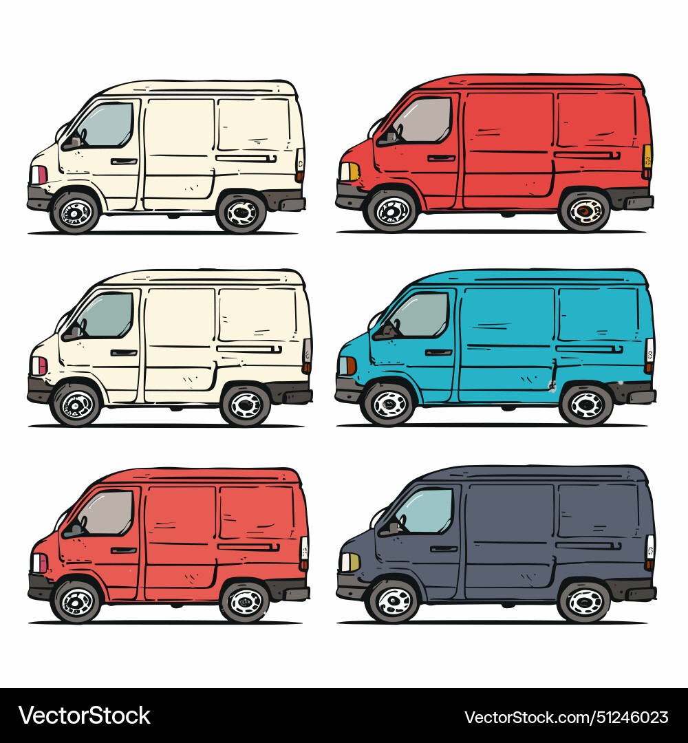 Six delivery vans cartoon side views Royalty Free Vector