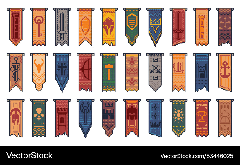 8 bit pixel game medieval heraldic pennant flags Vector Image