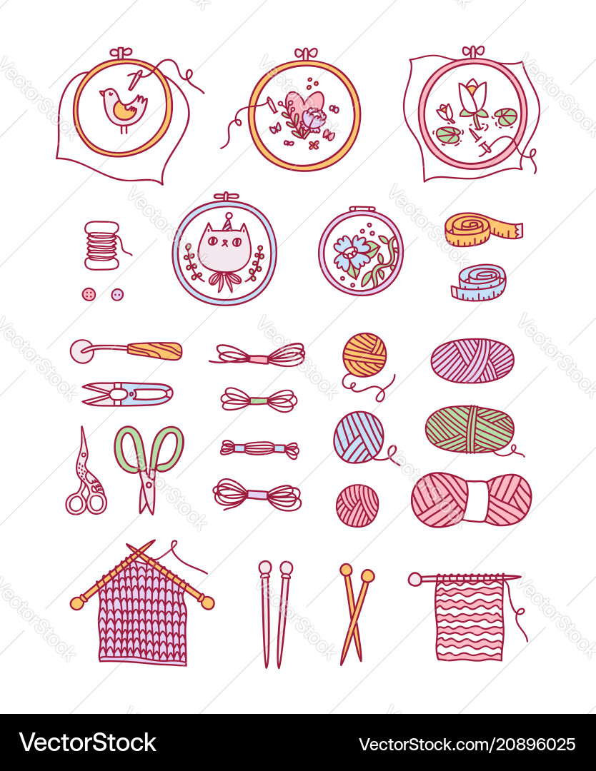 Knitting and stitching set Royalty Free Vector Image