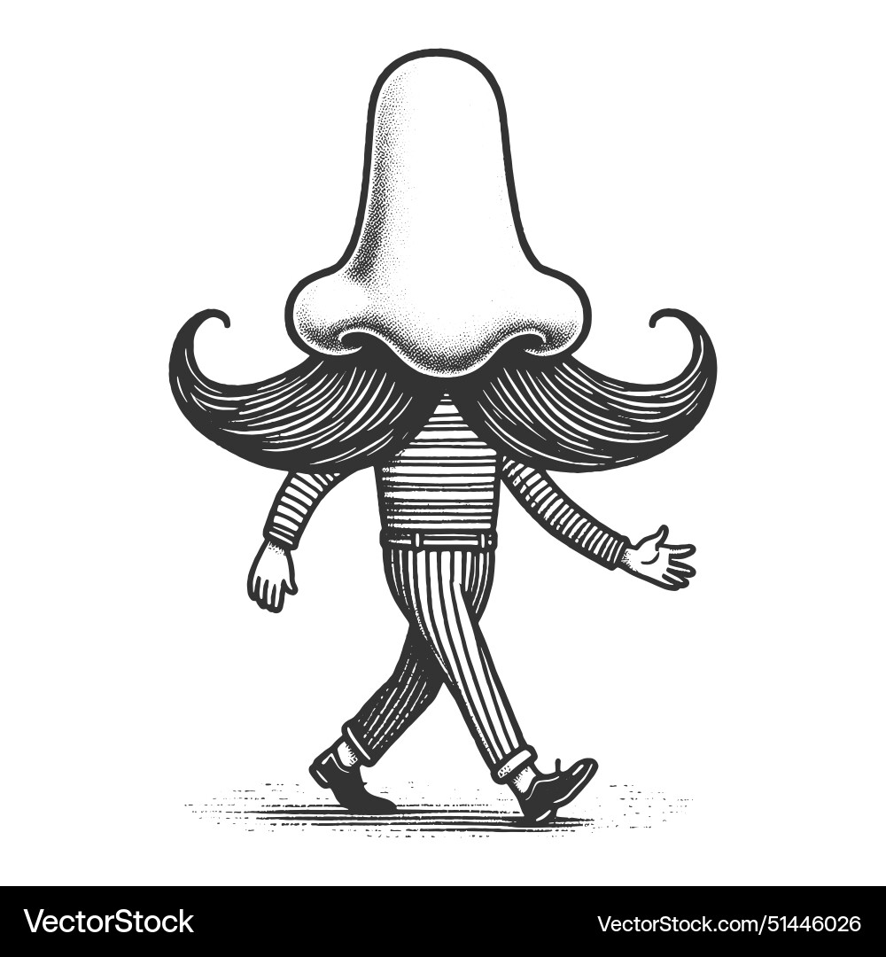 Walking nose with mustache engraving Royalty Free Vector