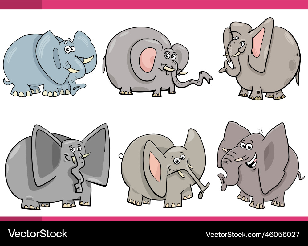 Cartoon happy elephants comic characters set Vector Image