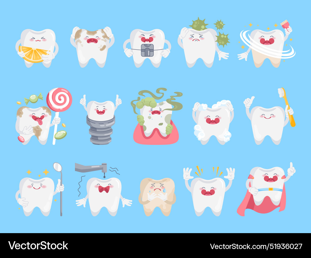 Cartoon teeth characters cute tooth mascot face Vector Image