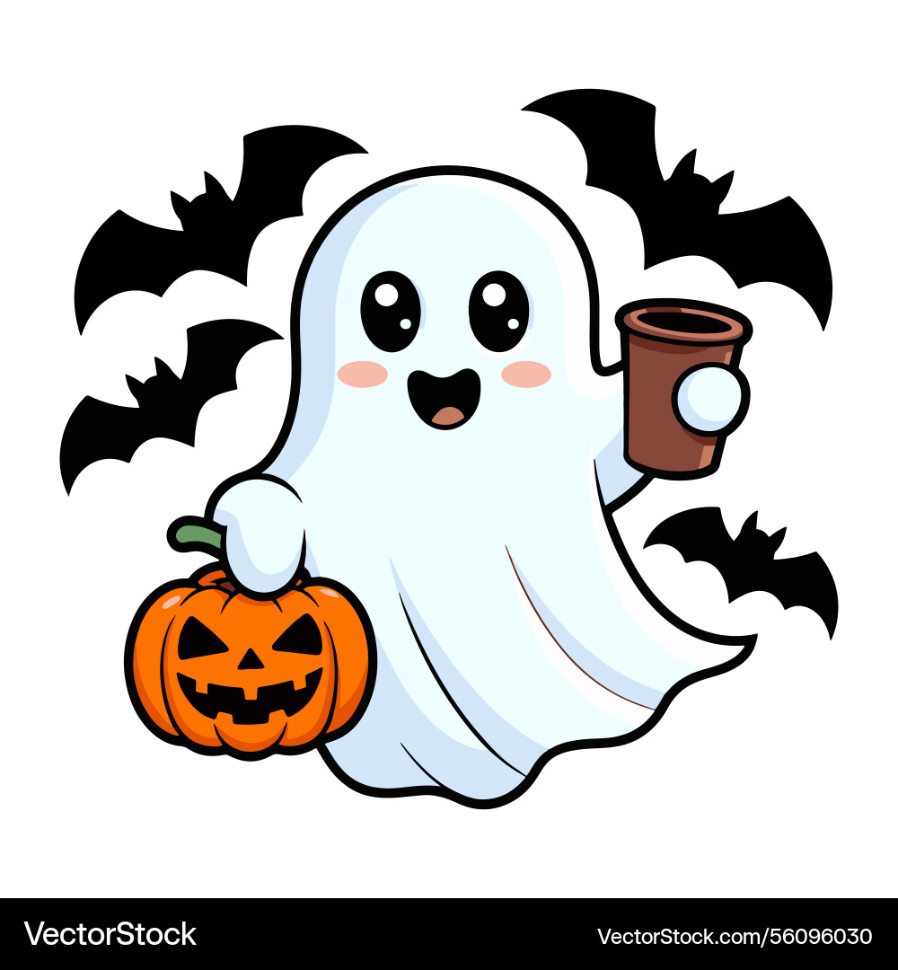Kawaii ghost drinking coffee cup happy halloween Vector Image