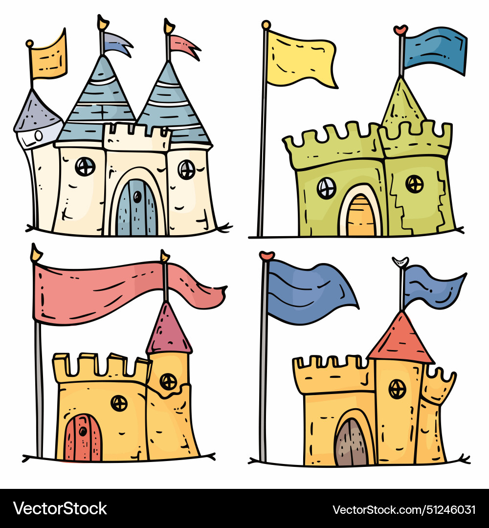 Handdrawn medieval castles cartoon Royalty Free Vector Image