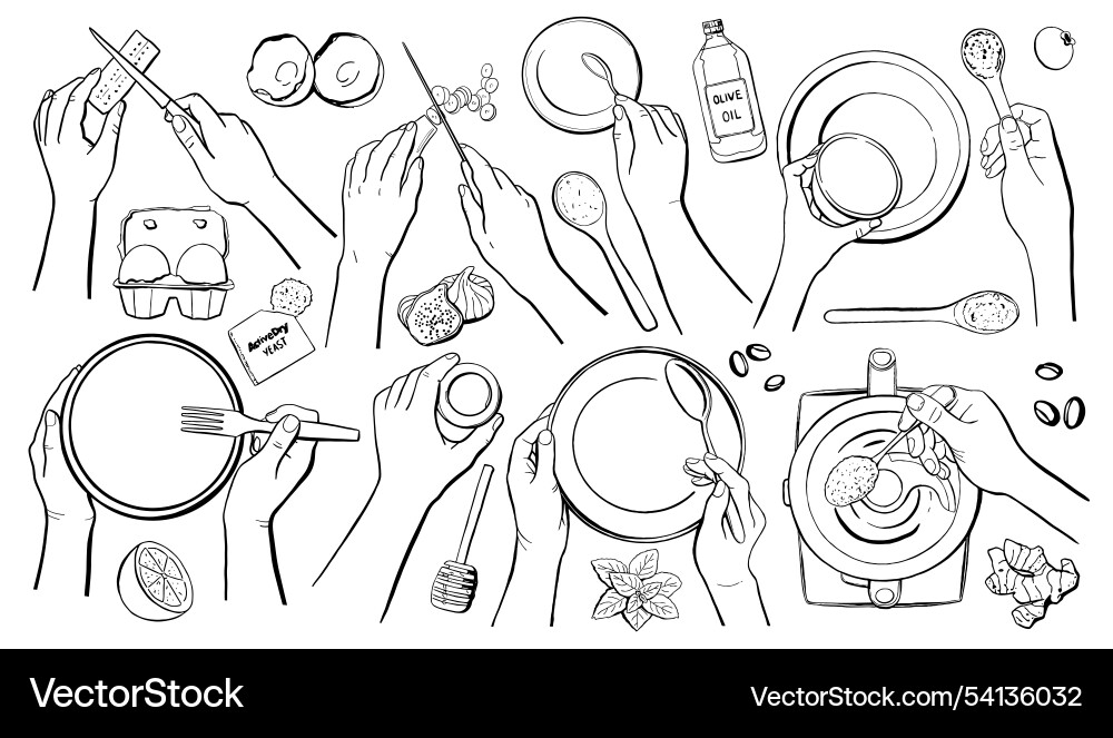 Cooking human hands gestures line set Royalty Free Vector
