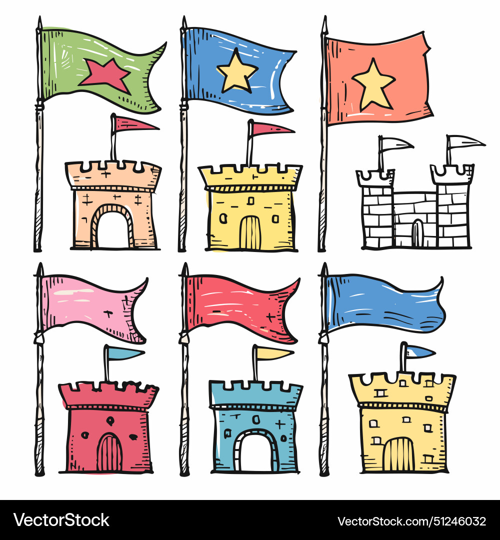 Handdrawn colorful medieval flags castles Vector Image