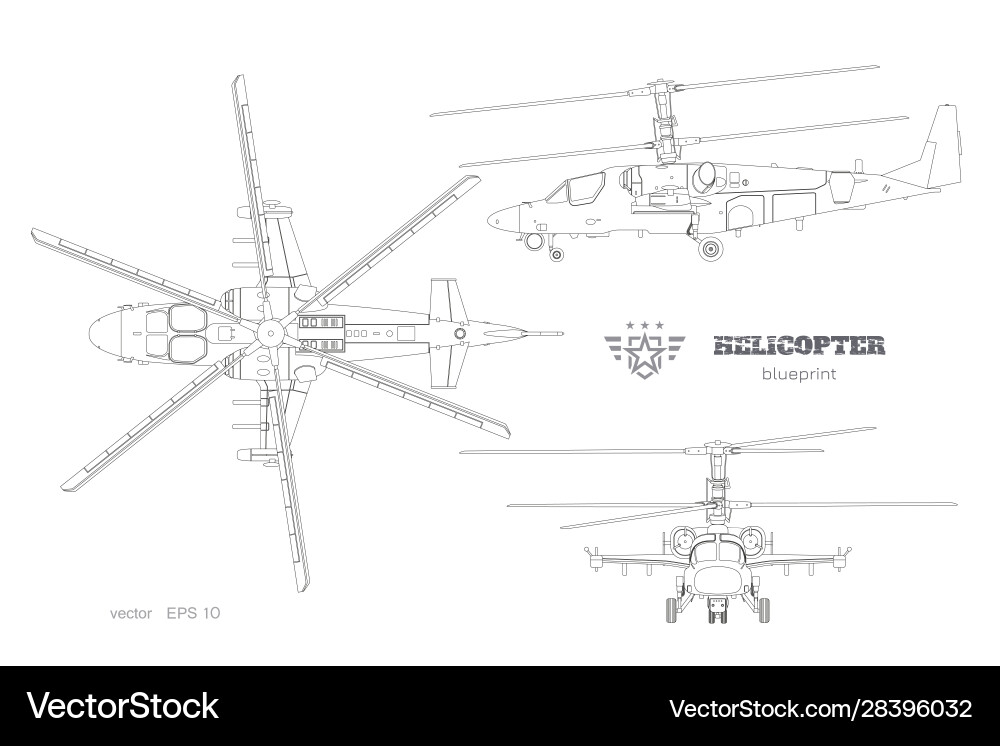 Outline blueprint military helicopter Royalty Free Vector