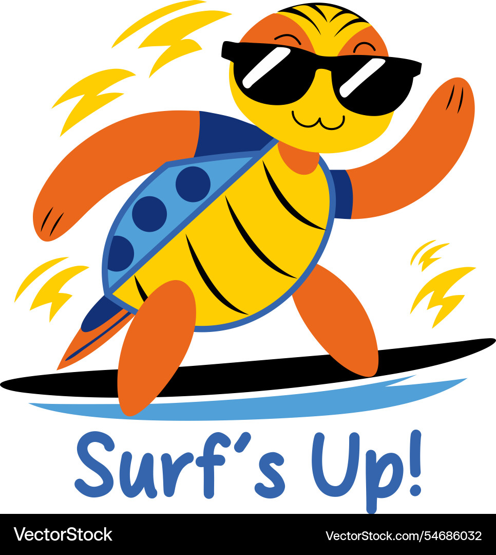 Turtle character with surf up typography flat sti Vector Image