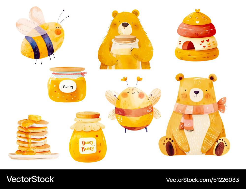 Bees set cute honey clipart hand drawn bee honey Vector Image