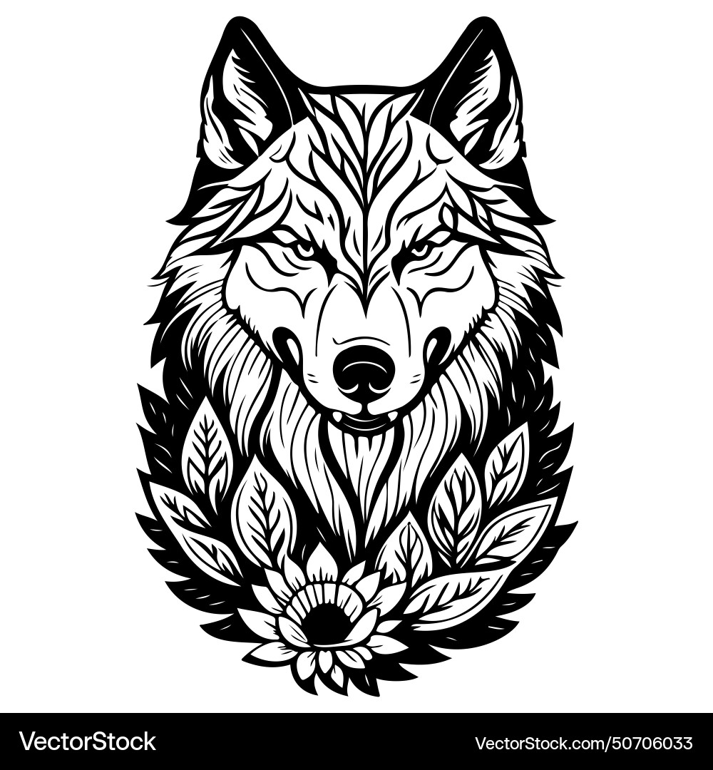 Wolf brave with floral spring sketch hand draw Vector Image