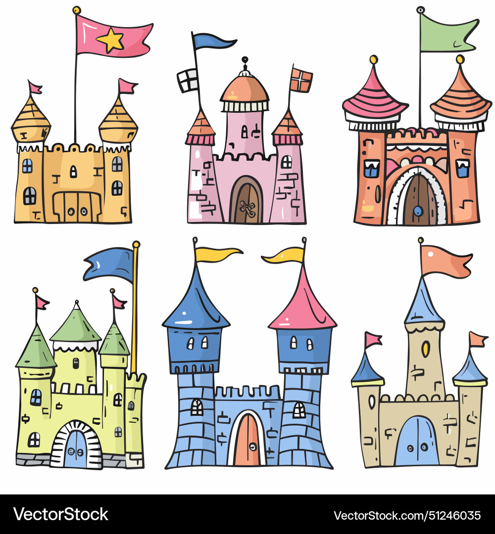Collection six colorful cartoon castles different Vector Image