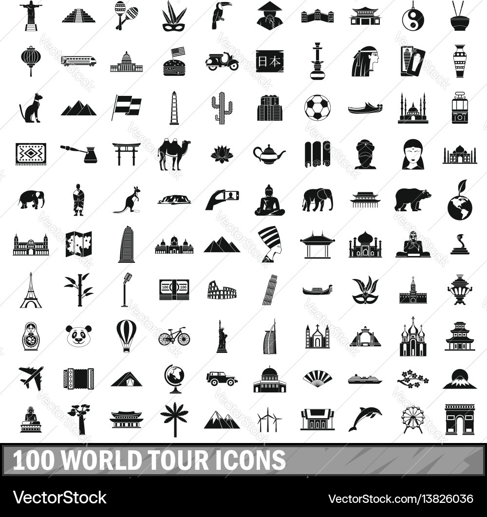 100 world tour icons set simple style Royalty Free Vector