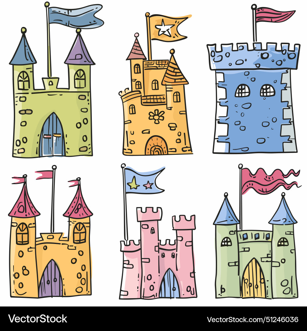 Collection colorful handdrawn castles uniquely Vector Image