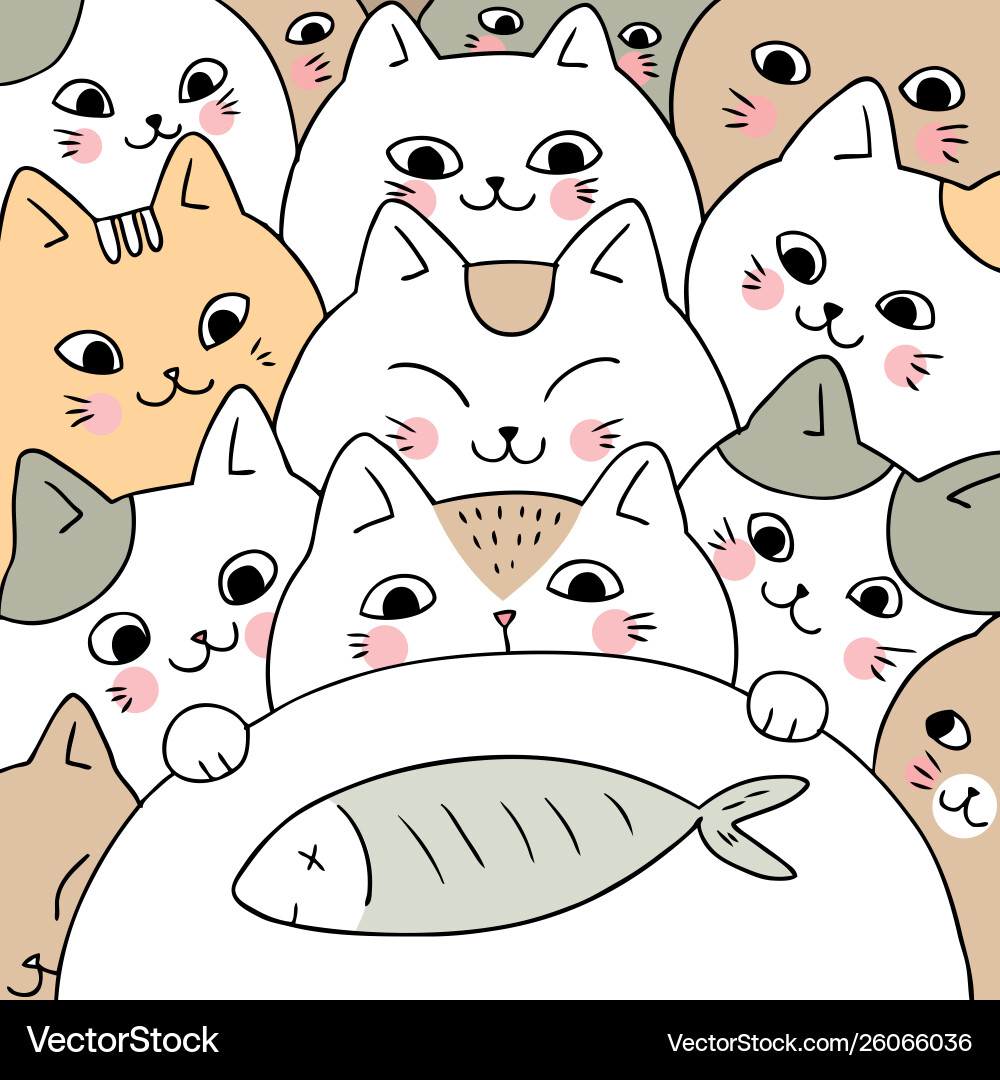 Cute Doodle Cats and Fish Royalty Free Vector Image