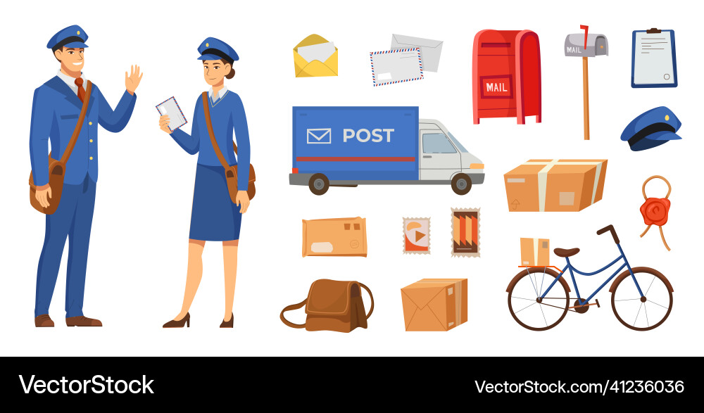 Male and female postman characters set Royalty Free Vector