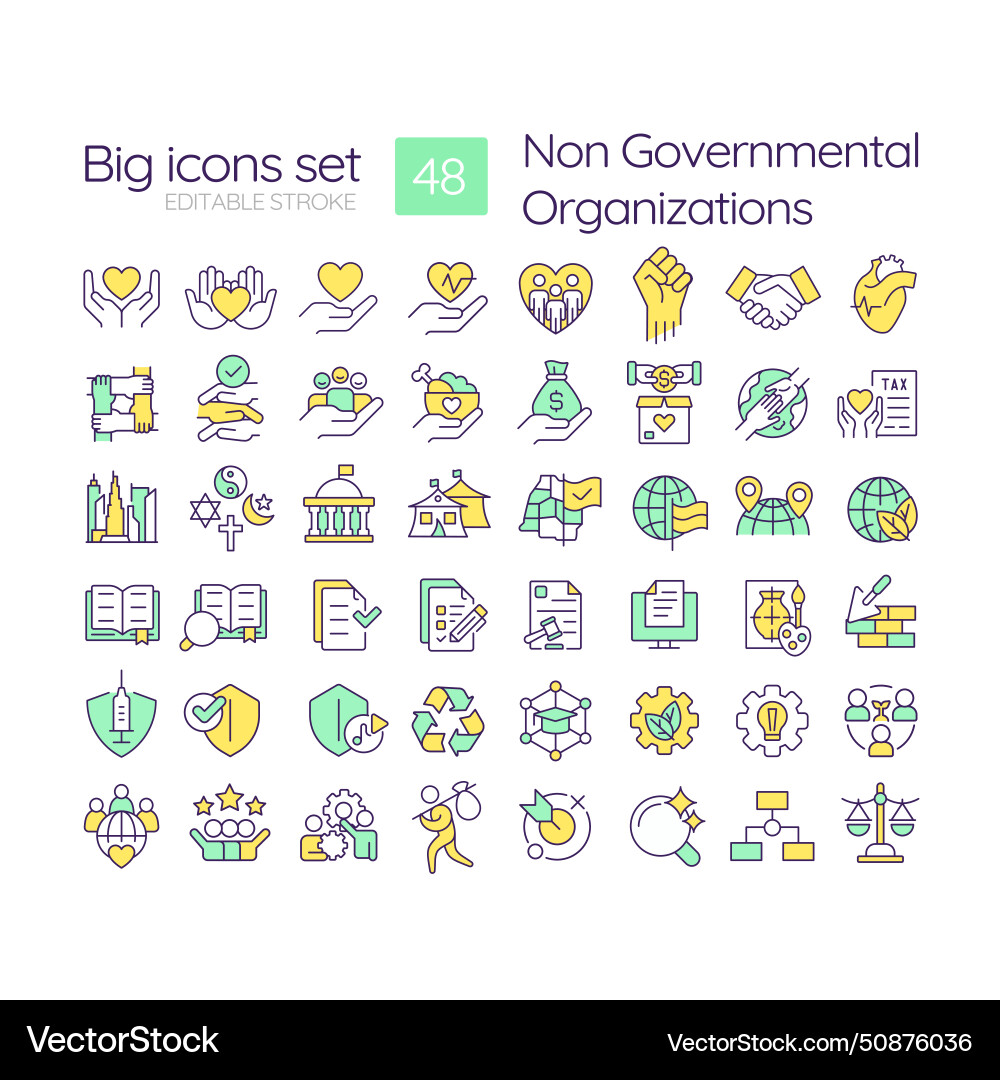Non governmental organization rgb color icons set Vector Image