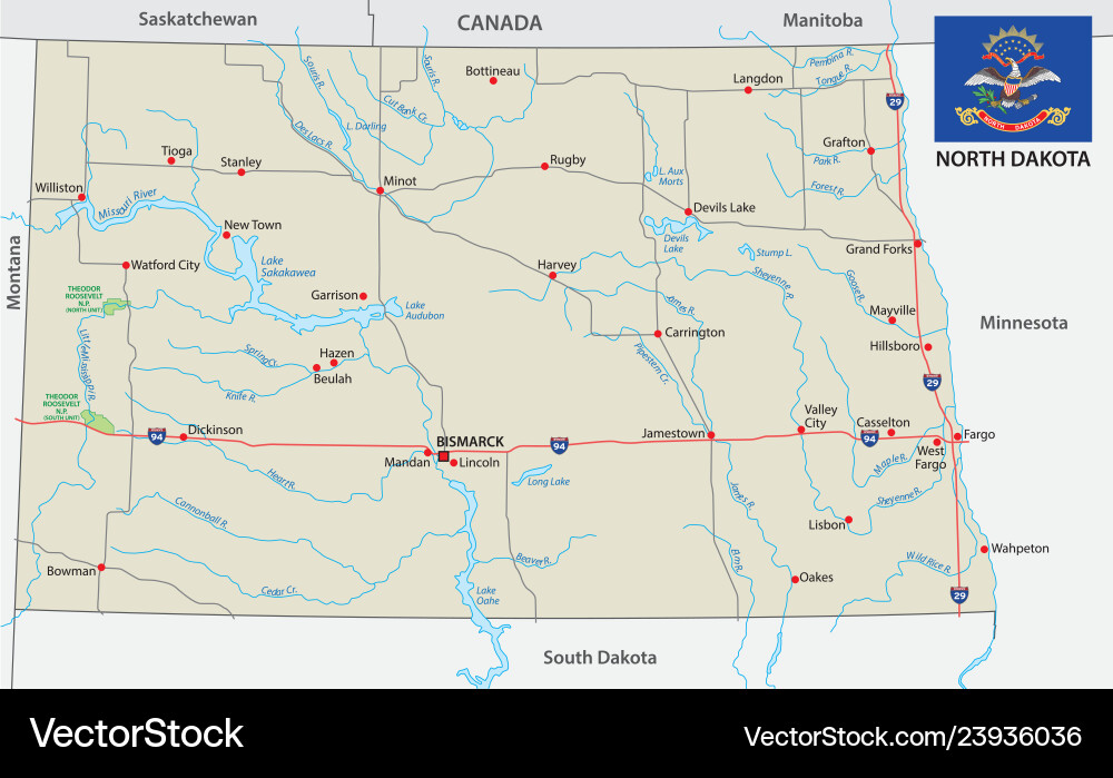 North dakota road map with flag Royalty Free Vector Image
