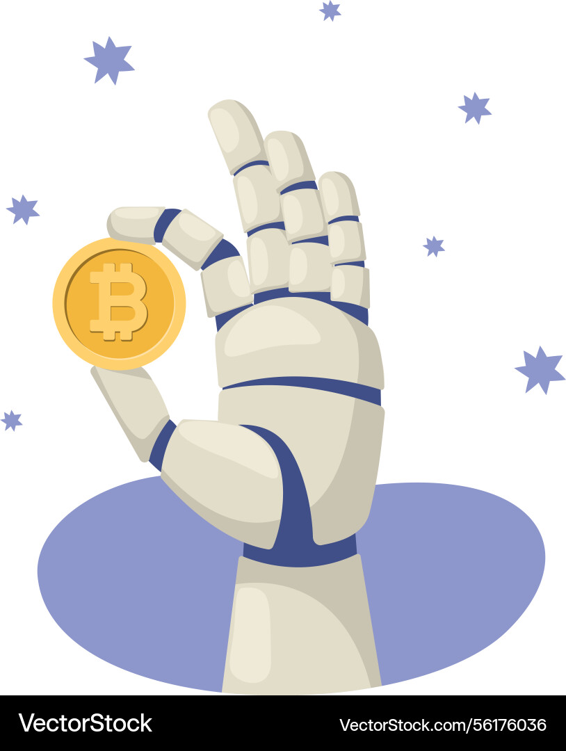Robotic arm holds bitcoin cryptocurrency gold Vector Image