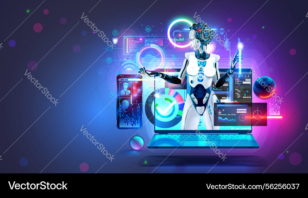 Ai bot programmer with laptop code programs Vector Image