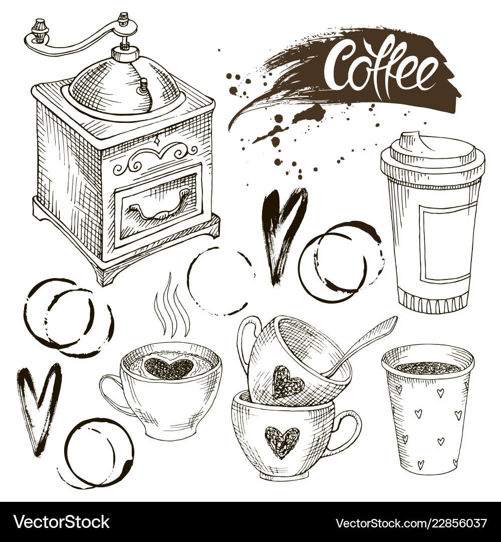 Coffee set drawing Royalty Free Vector Image - VectorStock