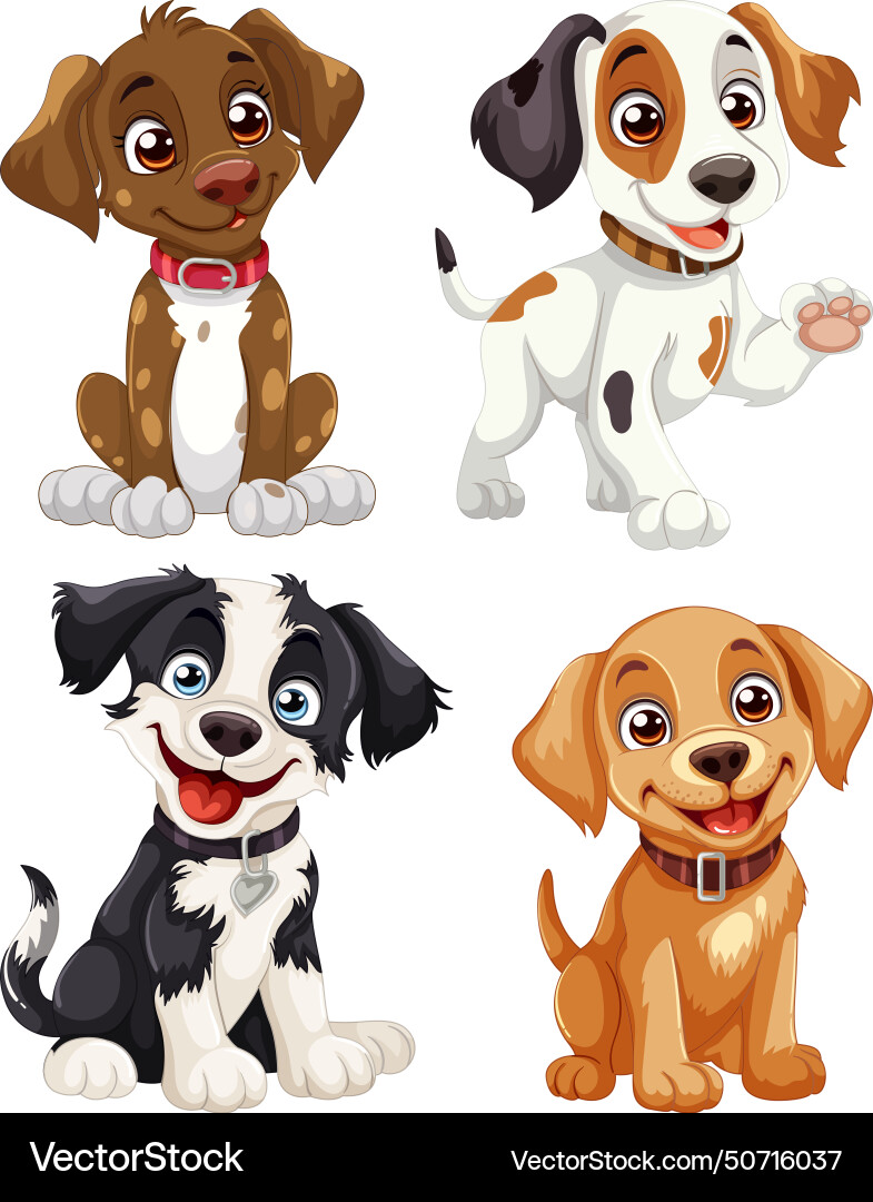 Four cute animated dogs showing various Royalty Free Vector