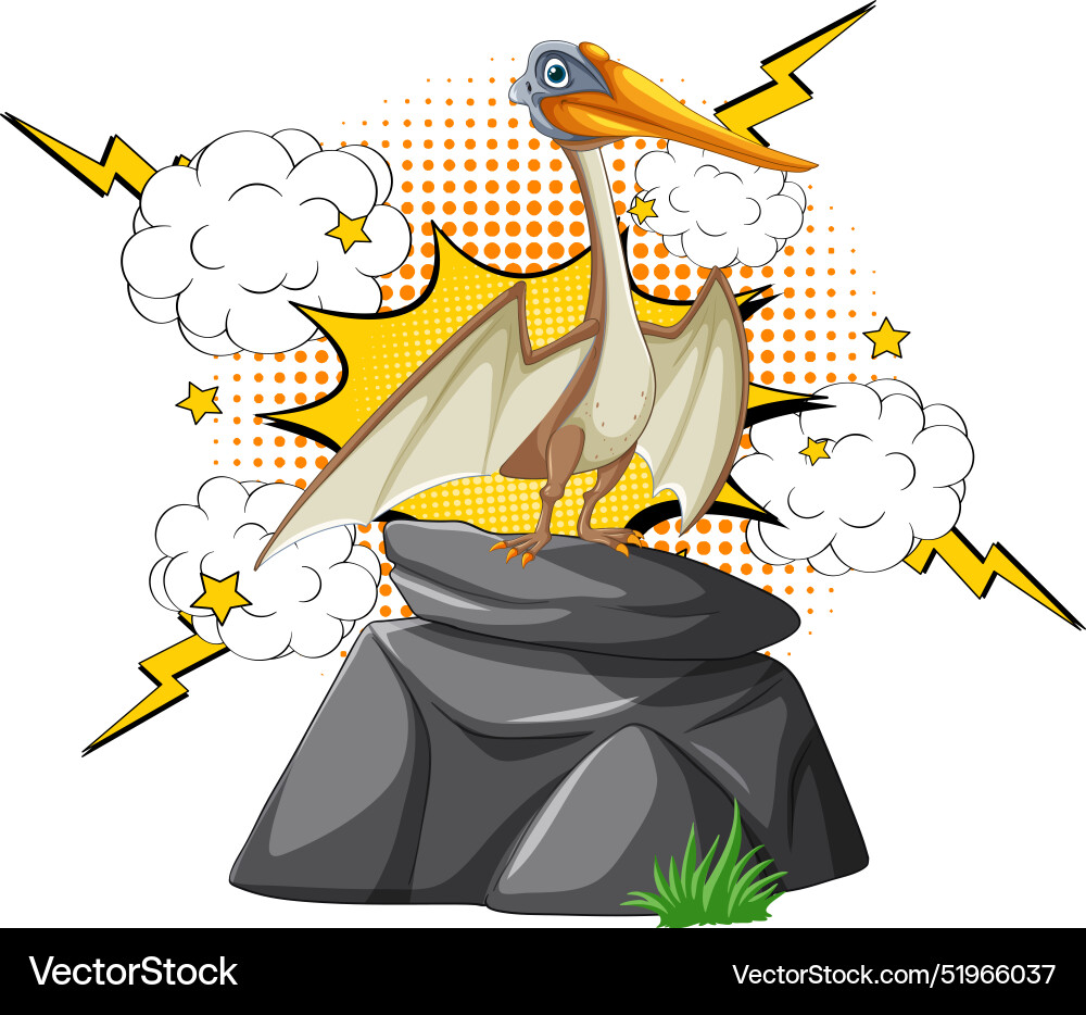 Pterodactyl standing on rock with comic background
