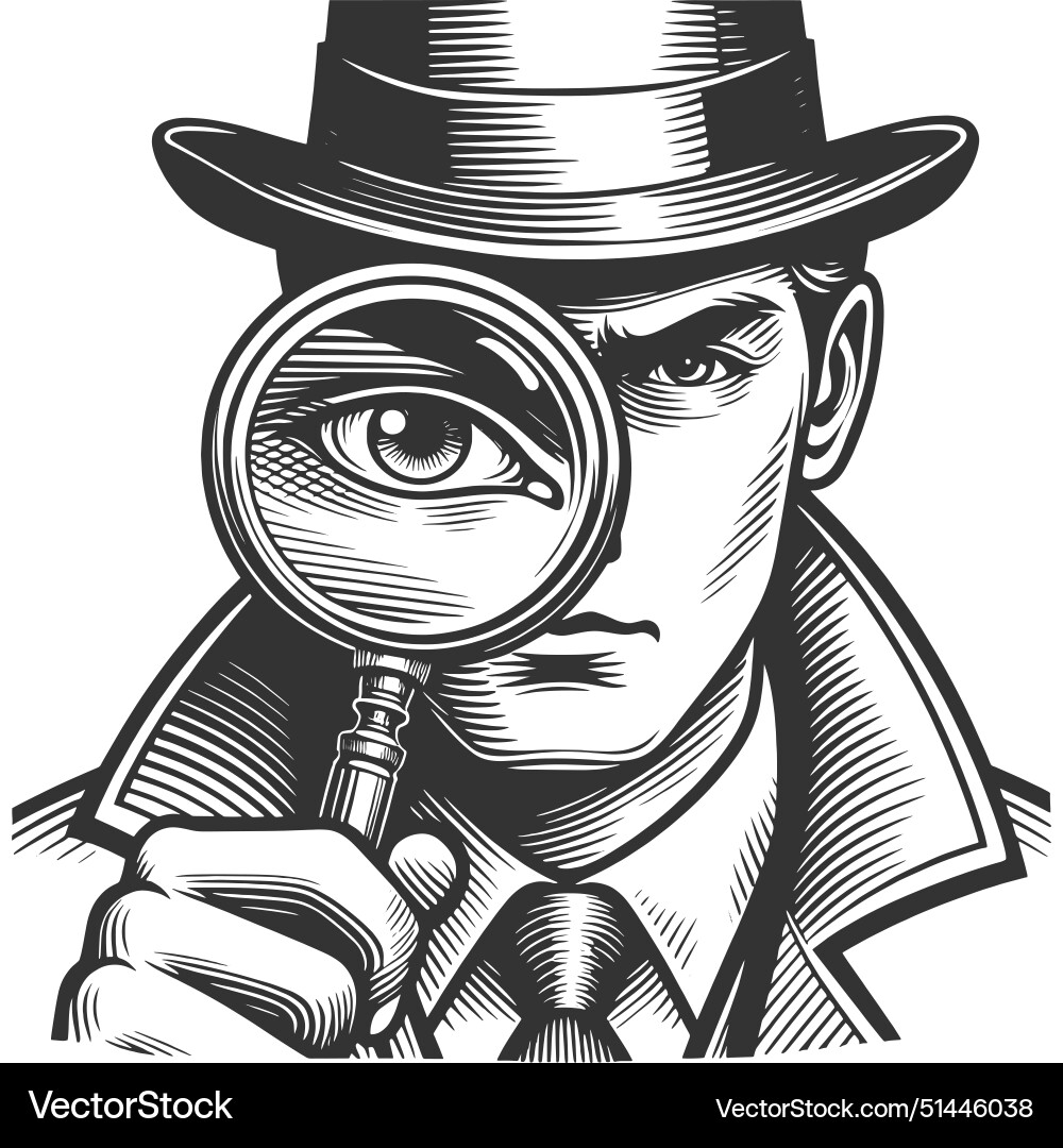 Detective with magnifying glass engraving Vector Image
