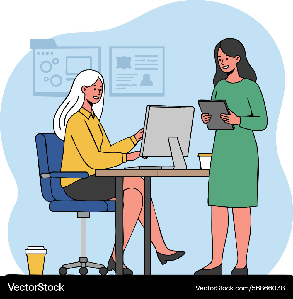 Two women collaborating in office with computer Vector Image