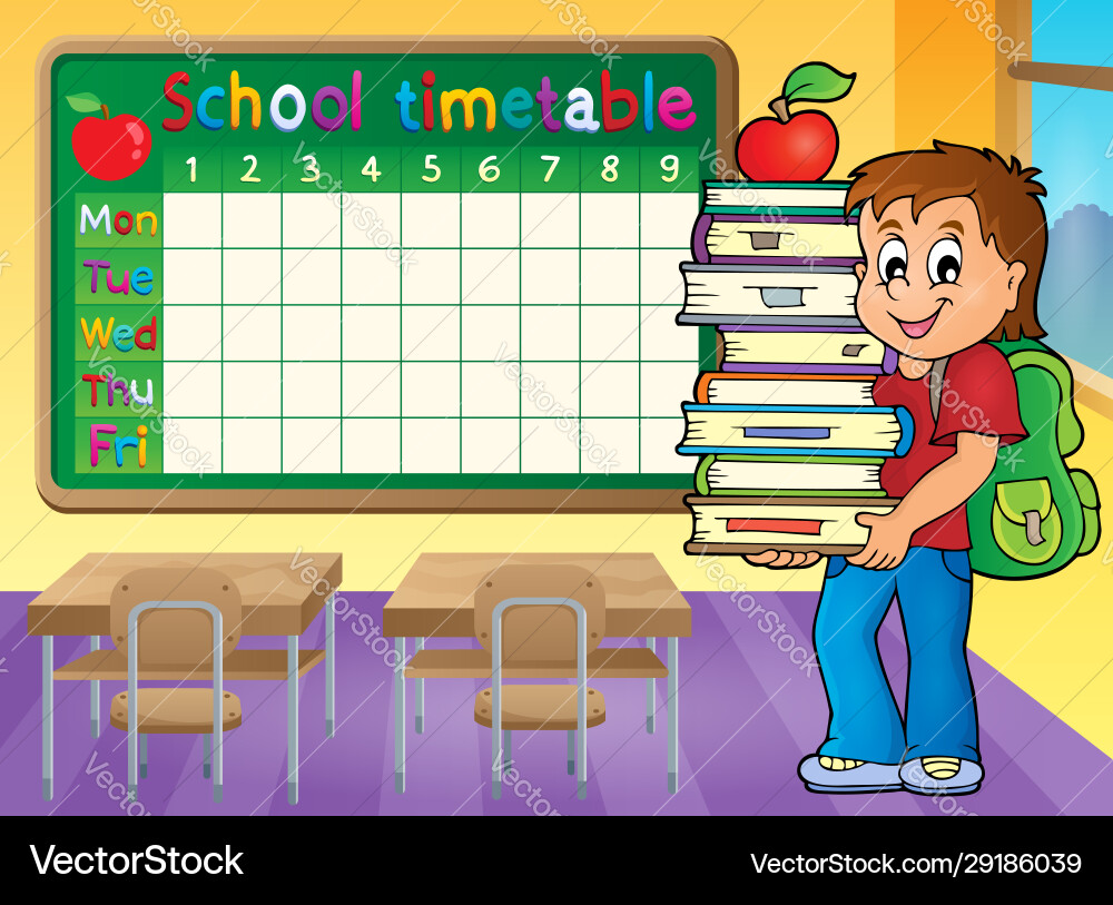 School timetable with boy holding books Royalty Free Vector