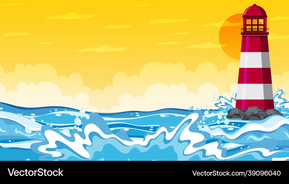 Beach landscape at sunset scene with ocean wave Vector Image