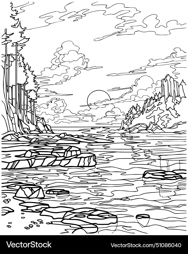 Landscape with river coloring book Royalty Free Vector Image