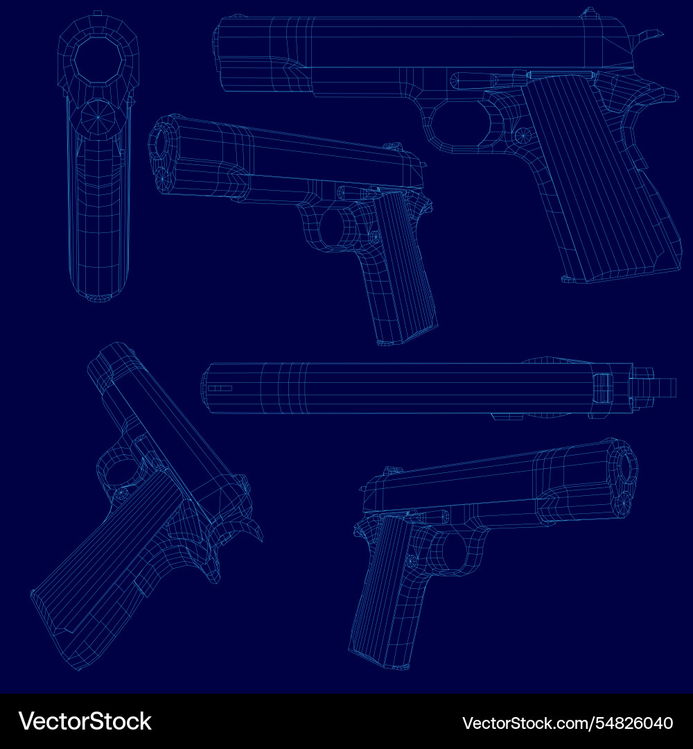 Set with a blue wireframe pistol colt 1911 Vector Image
