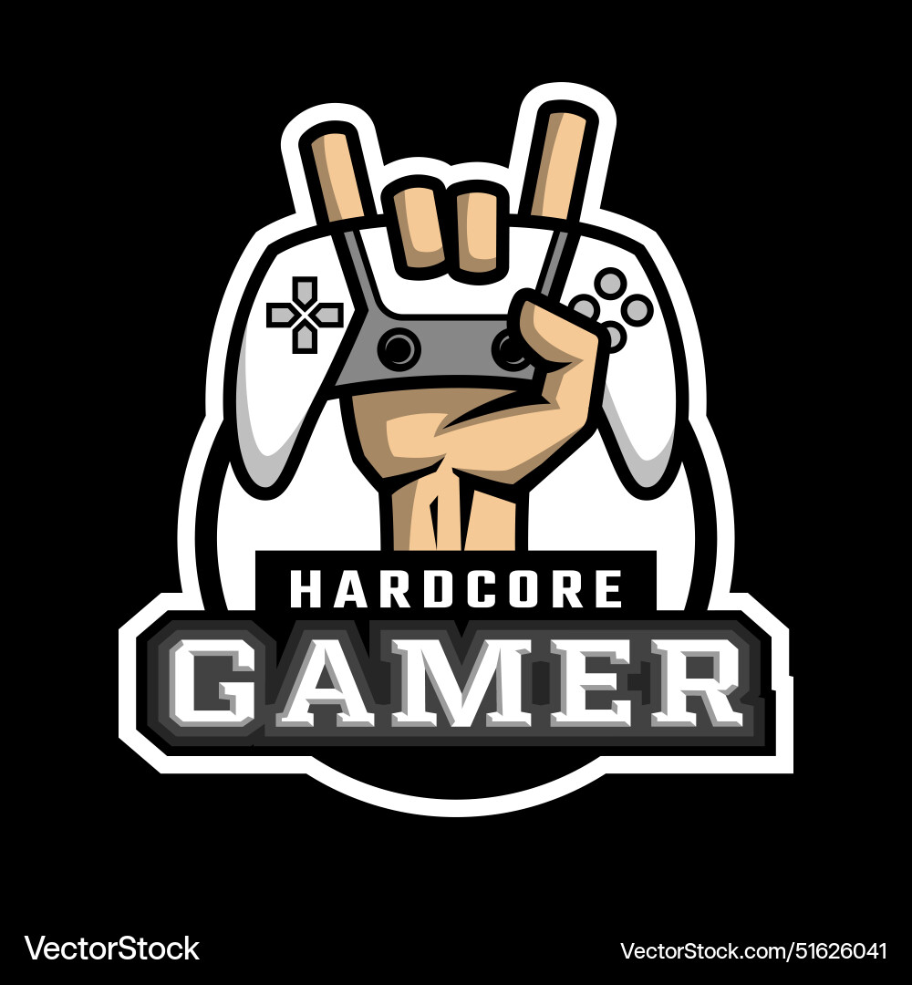 Hand holds the controller hardcore gamer logo Vector Image