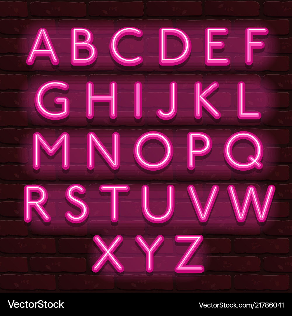 Neon banner alphabet font bricks wall Royalty Free Vector