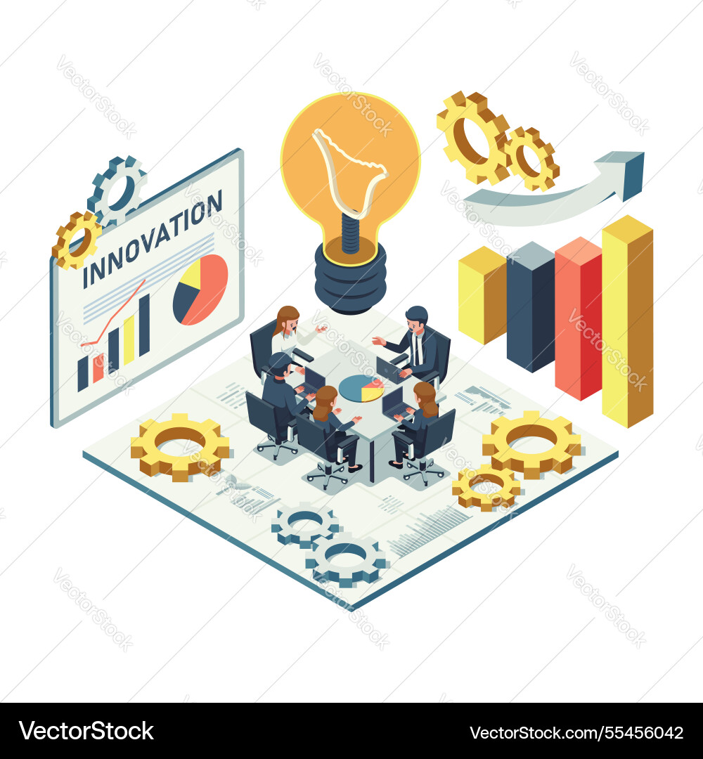 Isometric innovation hub with innovators Vector Image