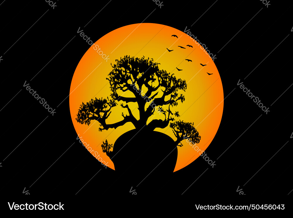 Boab tree with moon and birds flying Royalty Free Vector