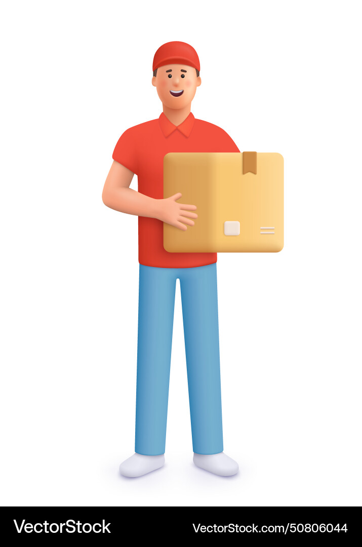 Delivery courier man in red uniform holding Vector Image