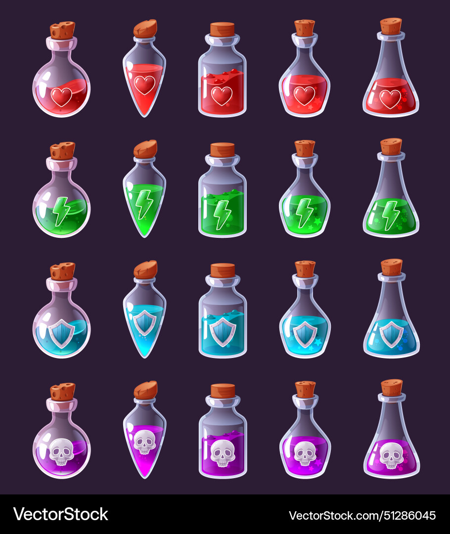 Cartoon potion bottles magical elixir vials Vector Image